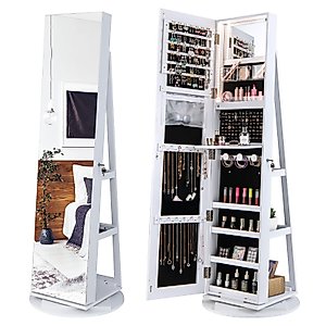 COSTWAY 360° Rotating Mirror Jewelry Armoire, Freestanding Jewelry Organizer w/ 3-Color LED Lights, Full-length Mirror w/Jewelry Storage, Lockable Jewelry Cabinet for Bedroom, Cloakroom (White)