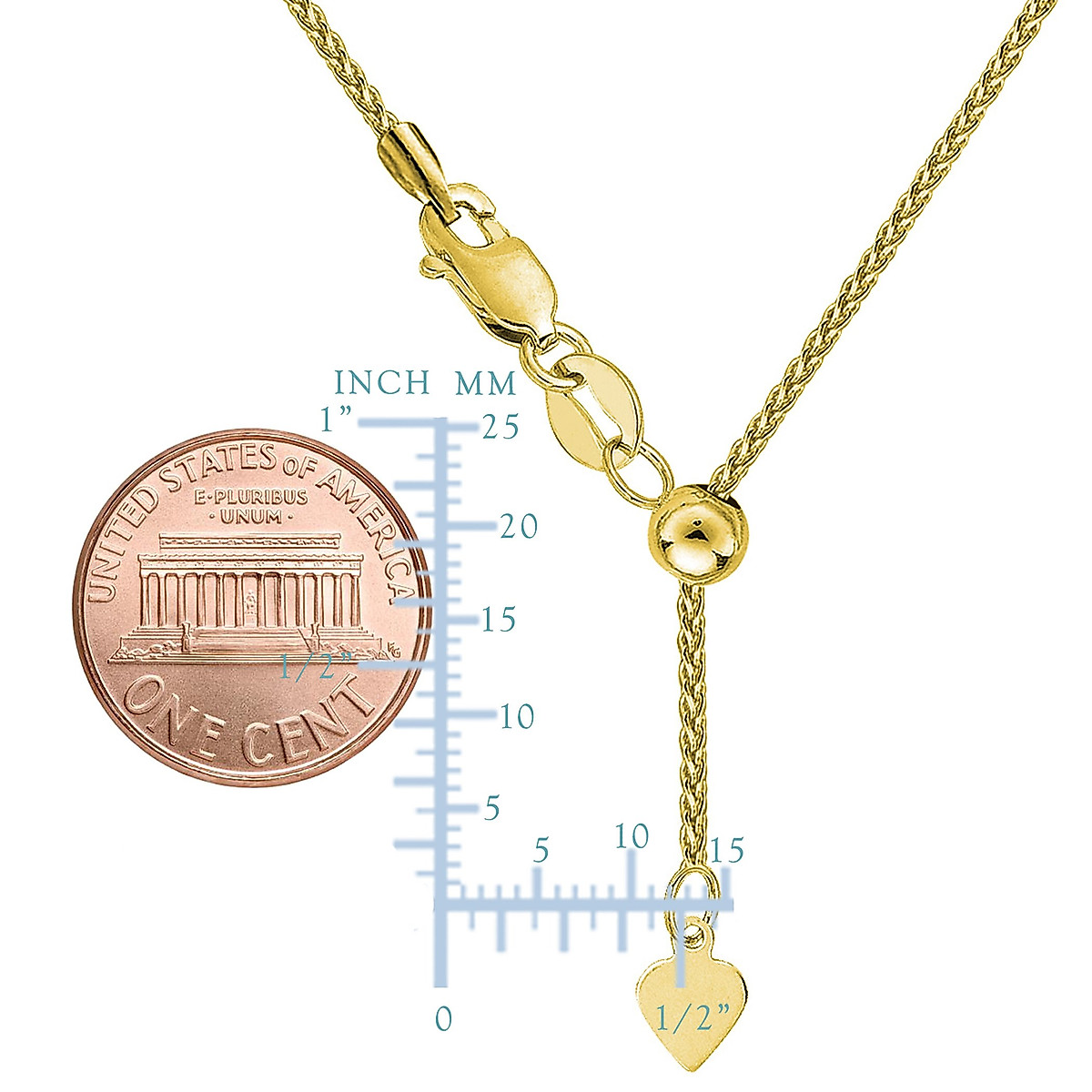 Jewelry Affairs 14k Yellow Real Gold Adjustable Wheat Chain Necklace, 1.0mm, 22"
