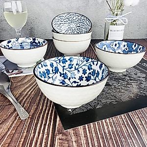 Kithing Ceramic Bowls, 10oz,this blue and white patterned bowls are used for ice cream, desserts, salads Set of 6 (F 4.5in)