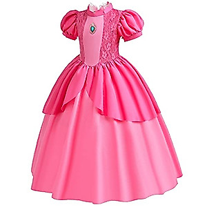 MOAGIS Kids Girl Princess Peach Costume Pink Dress Halloween Dress up Outfits with Crown Gloves Costumes for Girls, 4-5Y