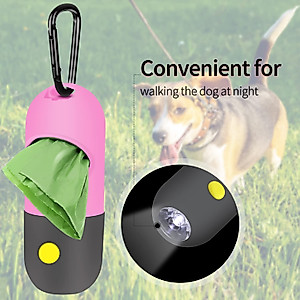 2 Pack Dog Poop Bag Dispenser with Built-in LED Flashlight, Pet Waste Bag Holder for Leash with Carabiner Clip for Lead Leash, 2 Rolls Leak-proof Doggy Waste Bags for Dog Walking, Pink, Eliamo