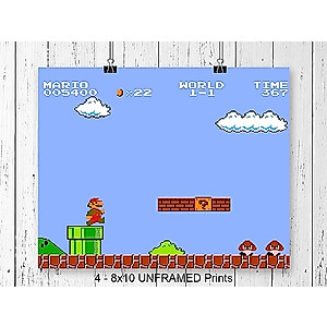 Super Mario Bros, Tetris, Centipede, Galaga - Iconic Arcade Video Games Wall Art Decor Set - 8x10 Prints for Man Cave, Den, Family Room, Bar, Bedroom - Gift for Men, Teens, Boys, Gamers, Gaming Fans