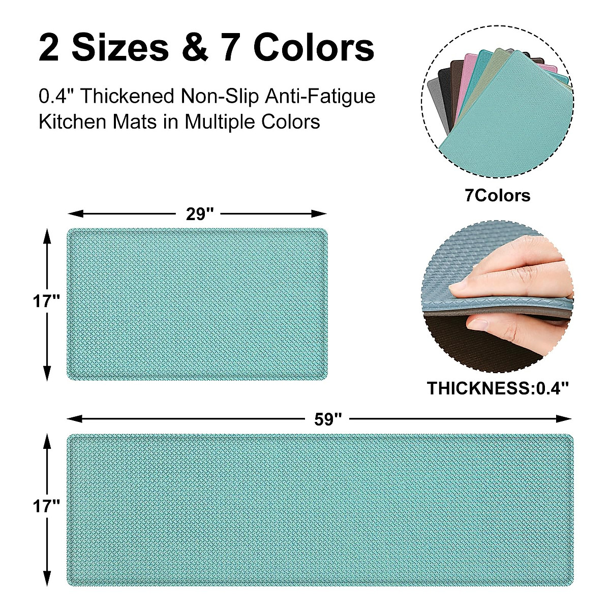 AUTODECO Kitchen Mats and Rugs Set of 2 - Cushioned Anti-Fatigue Kitchen Rug for Floor Washable 17"x29" +17"x59", Turquoise
