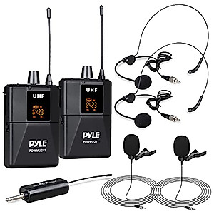 Pyle Dual UHF Microphone System - Portable Professional Cordless Microphone Set Wireless Mic Kit w/Headset / Lavalier Mic, Beltpack Transmitter, Receiver - Karaoke & Conference - Pyle PDWMU211,Black