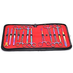 AAProTools New Rainbow Multi Color Set of 13 Pieces Basic Surgi Forceps Scissors Needle Holder Kit Stainless Steel Instruments