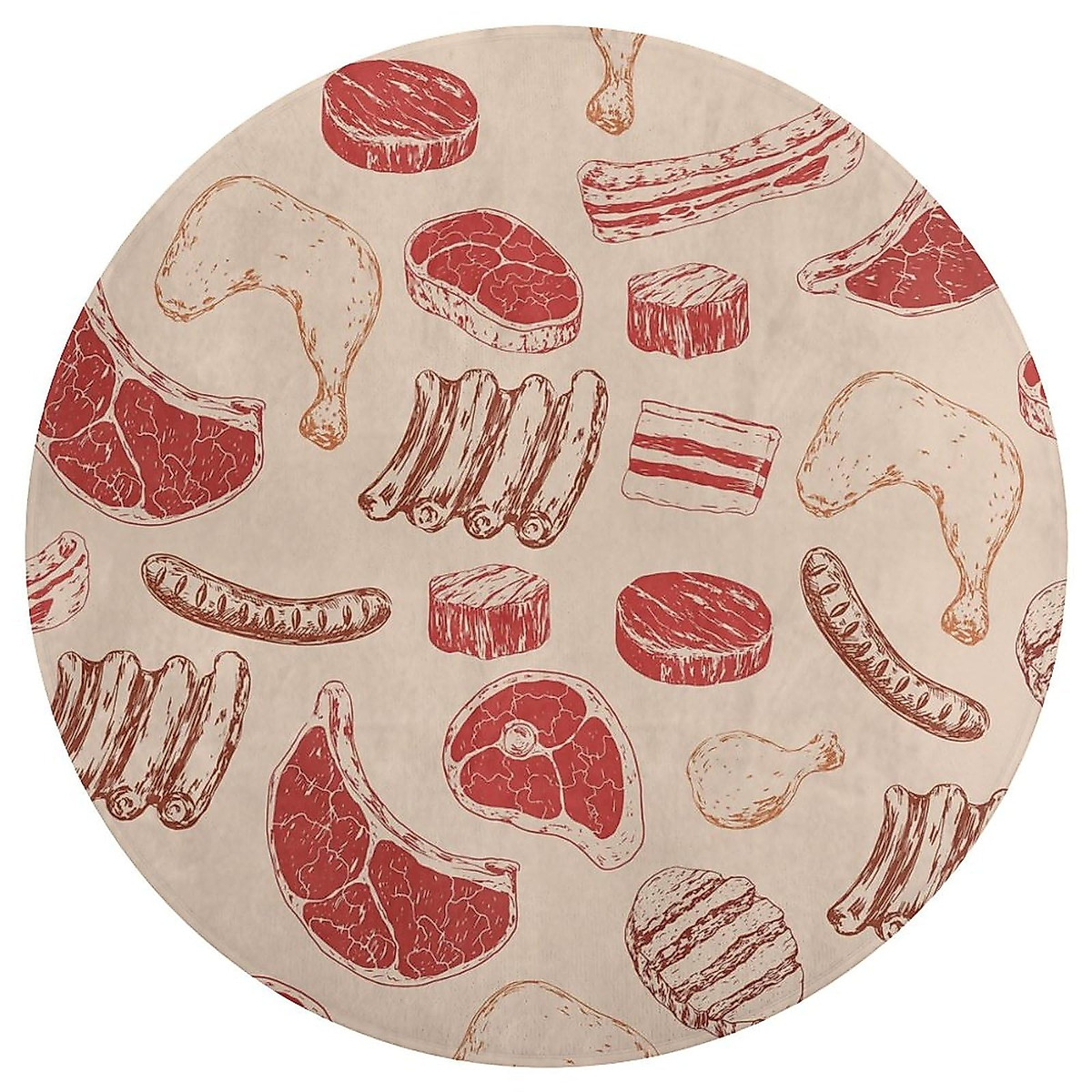 MoBlinko Beef Steak Round Area Rug BBQ Circle Rug Carpet Circular Rugs Non Slip Mat for Kitchen Living Room Bedroom Decoration 3 Ft