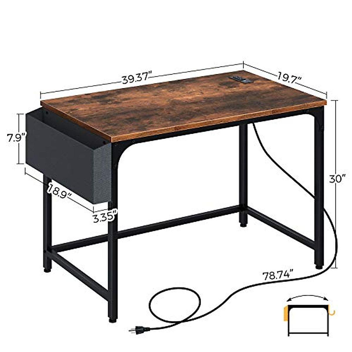 Rolanstar Computer Desk with Power Outlet, Home Office PC Desk with USB Ports Charging Station, 39" Desktop Table with Side Storage Bag and Iron Hooks, Stable Metal Frame Workstation, Rustic Brown