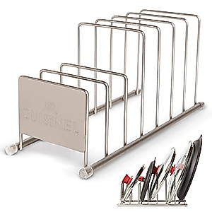 Cuisinel Lid and Dish Organizer Rack - Satin Nickel Silver Kitchen Storage Organization Stand - Plate Holder, Pan/Pot Covers, Cutting Board and Cookie Sheet Divider - 7-Tier Cabinet/Counter Display
