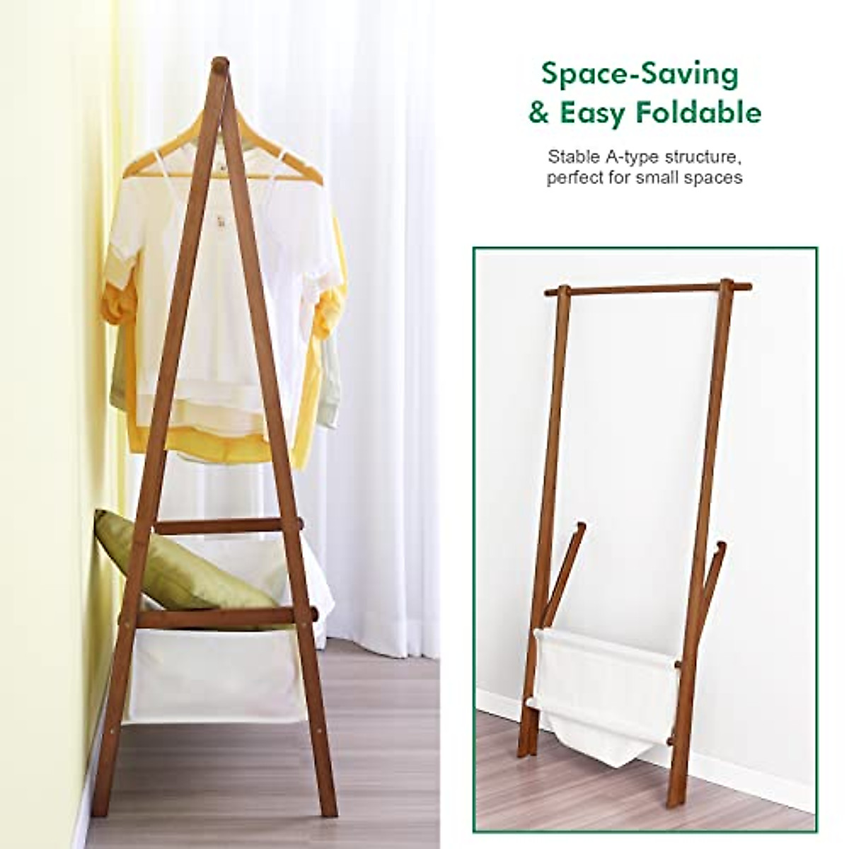 Jotsport Bamboo Clothing Rack Foldable Clothes Hanging Stand with Cloth Storage Bag for Laundry, Bedroom, Guest Room, Entryway, Dressing Room