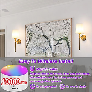 YHCDLAMP Battery Operated Wall Sconce Set of 2, Rechargeable Wall Sconce with 10000mAh Bulb and Remote Control, Up to 50 Hrs Use, RGB Dimmable Wireless Wall Lights for Living Room Bedroom Hallway