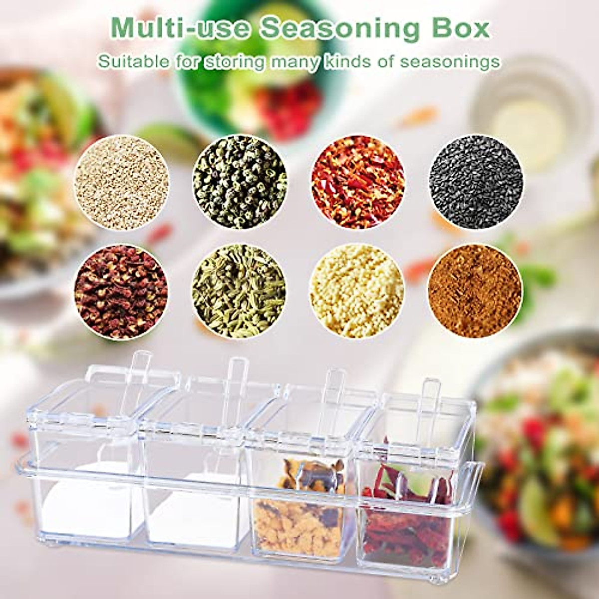 SHAIDOJIO Clear Seasoning Box, 4 Piece Seasoning Rack Spice Pots, Plastic Storage Container Condiment Jars with Lids and Spoon, Kitchen Organization Containers for Spice, Salt, Sugar, Cruet