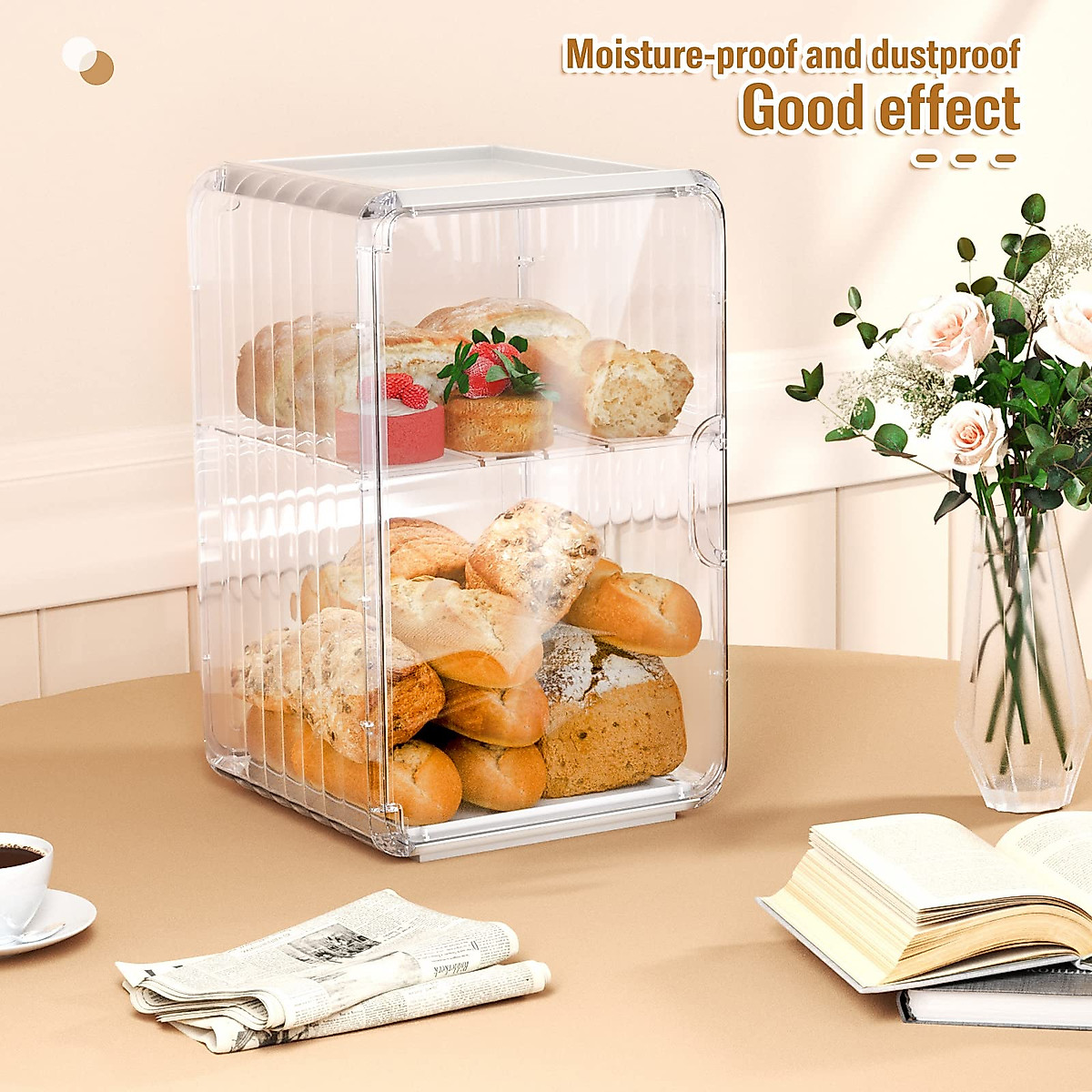 Ceinun Bread Box Food Grade Plastic Bread Box with Detachable Adjustable Divider Bread Storage and Organizer for Kitchen Clear White