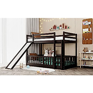 Wood Low Bunk Bed, Twin Over Twin Wood Bunk Bed Frame with Convertible Slide and Ladder, Convertible Wood Bunk Bed Loft Bed with Full-Length Guardrail for Kids, Saving-Spaces Design (Espresso+Wood)