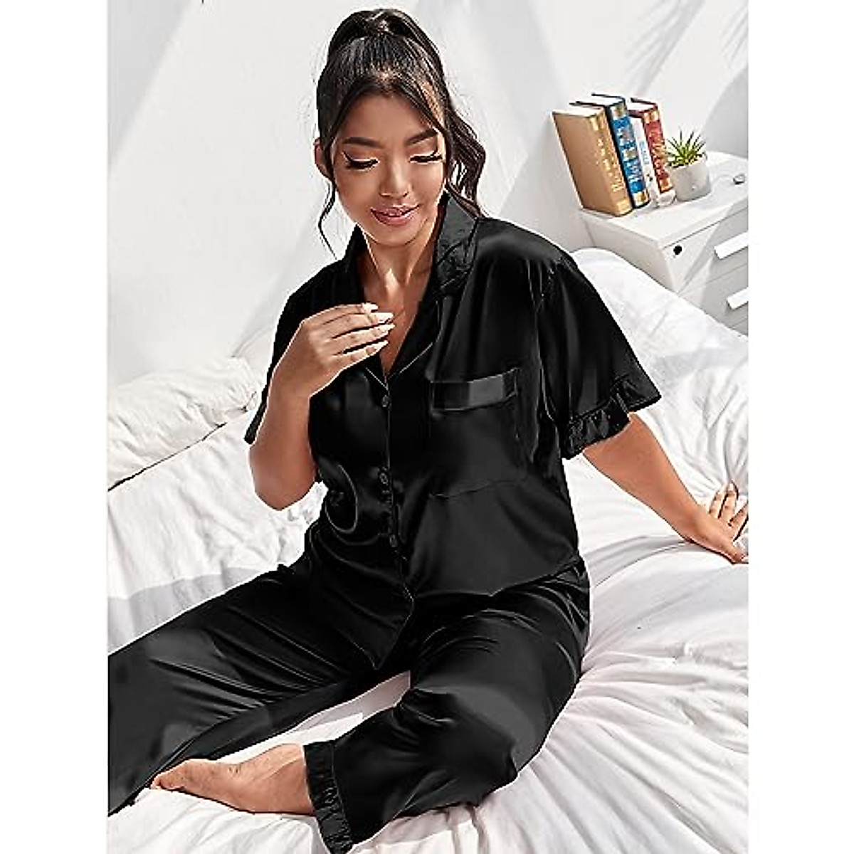 SWOMOG Womens Satin Plus Size Pajamas Silk Short Sleeve Pjs Sets Button Up Pajama with Ruffle Soft Loungewear Wedding PJs Black