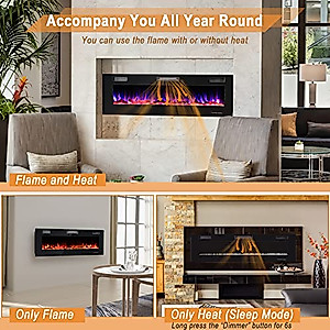 COSTWAY 60 Inches Ultra-thin Electric Fireplace, 750W/1500W Recessed & Wall Mounted Electric Fireplace with Remote Control, Timer, Log & Decorative Crystals, Adjustable Flame Color, Brightness, Speed 