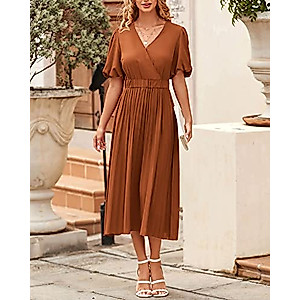 BTFBM Women Casual Dresses 2023 Summer Boho Wrap V Neck Puff Short Sleeve Beach Party Flowy Pleated A-Line Maxi Dress(Solid Brick Red, Large)