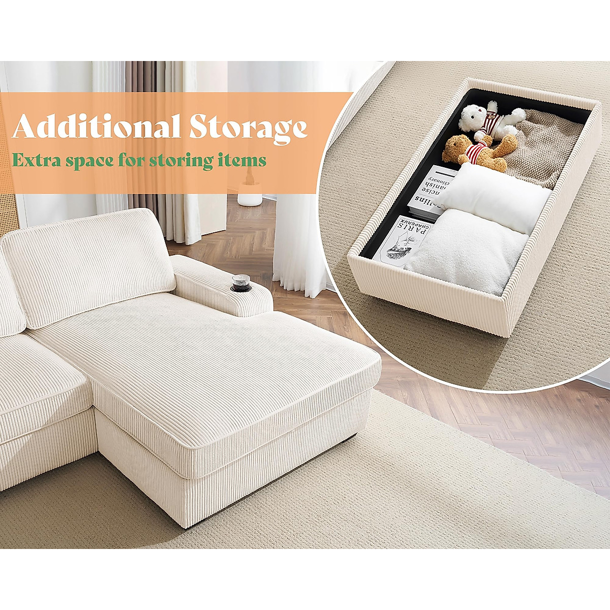 VanAcc 89 Inch Convertible Couch, L Shape Couch with USB Charging Port & Cup Holders- L Shape Sofa with Storage Chaise, Comfy Sofa for Living Room (Beige Corduroy)