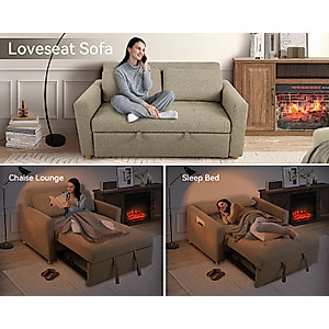 SEJOV 3-in-1 Convertible Sofa Bed, Linen Fabric Pull Out Couch Bed, Adjustable Backrest Futon Sofa Chair, Loveseat which Easy to Assembly, Sturdy Recliner for Living Room, Apartment, Brown Grey