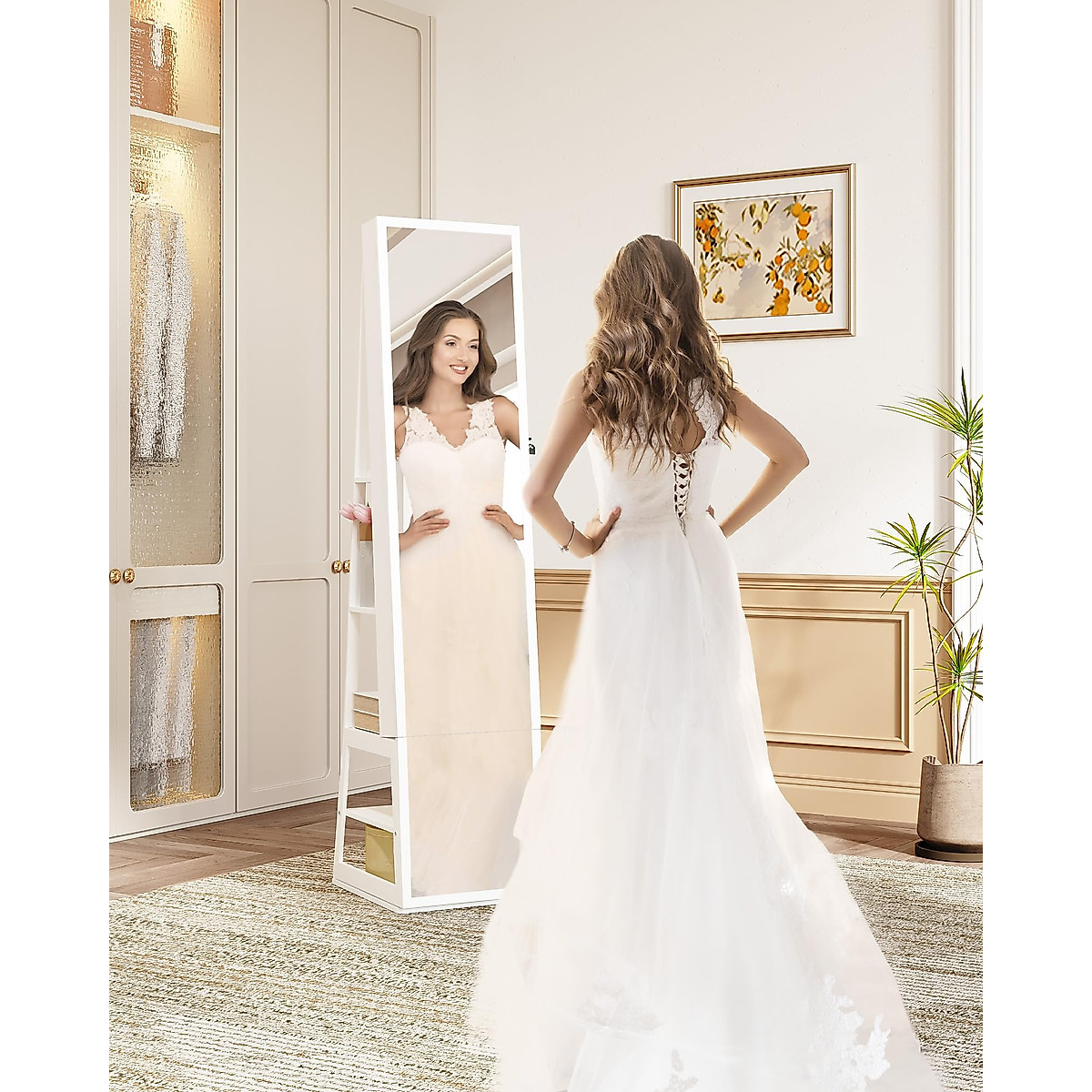 Hzuaneri 16 LEDs Jewelry Cabinet Armoire, 63" H Standing Jewelry Organizer with 360° Rotating Base, Lockable Full-length Mirror, 4-tier Storage Shelves, 4-in-1 design, White JC16003B