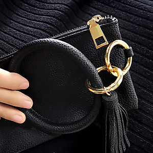 Women's Round Key Ring Wristlet Clutch Wallet, Lightweight Leather Wristlet Purse Bag with Bracelet Circle Keyring (Black) Medium