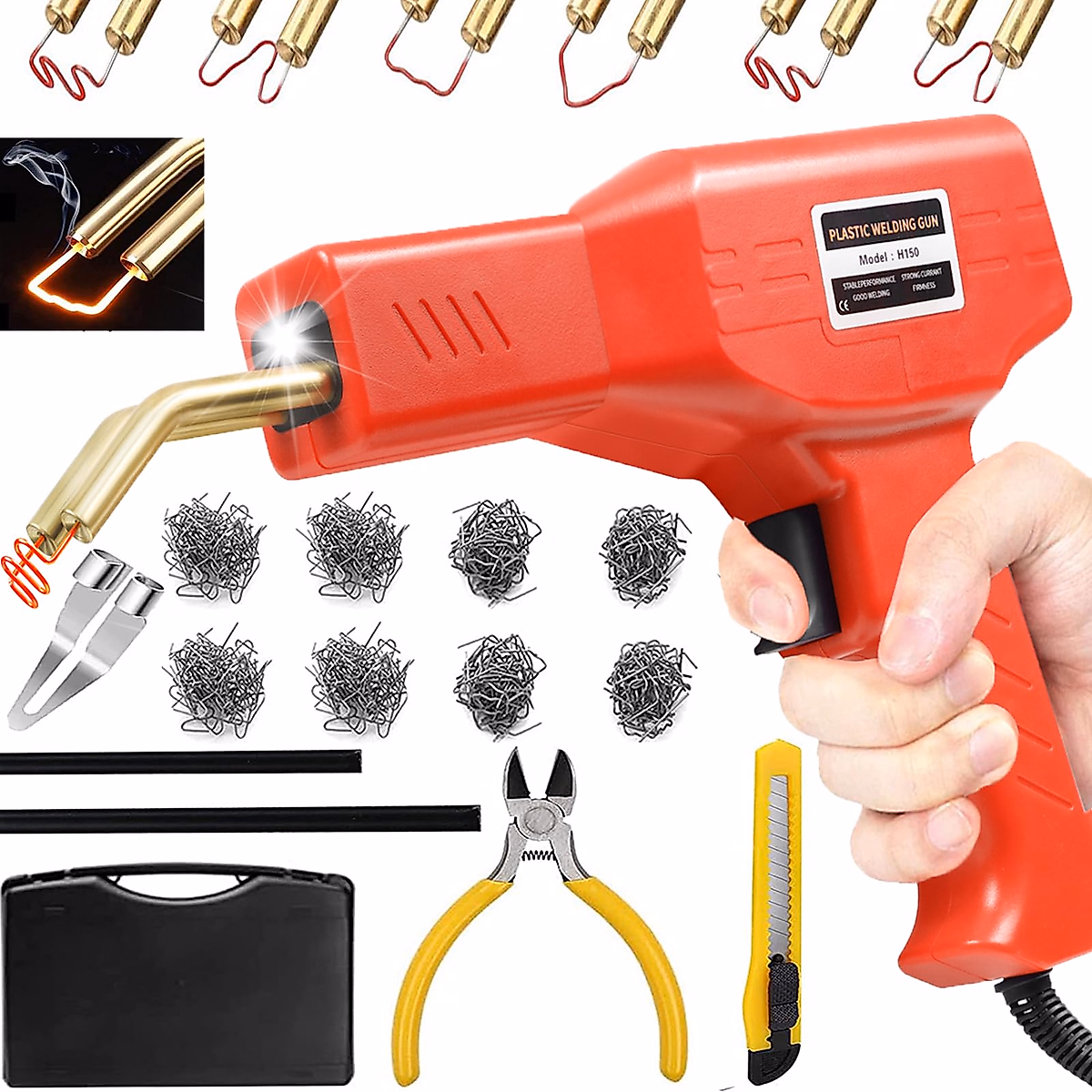 150W Plastic Welder,Plastic Welding Kit with 800pcs Hot Staples,2pcs pp Plastic Welding Rods,knife,Plier, Plastic Welding Machine Plastic Repair Kit for Car Bumper Crack Repair Tools(Red)