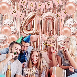 40th Birthday Decorations Women, Happy 40th Birthday Banner, Crown, Sash, Cake Topper And Number Balloon, Rose Gold 40 Birthday Party Decorations For Women