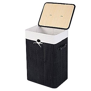 Takefuns Single Lattice Bamboo Folding Basket Body with Cover, Laundry Basket,Cloth Storage Basket Dirty Clothes Hamper for Apartment, Dormitory - Black