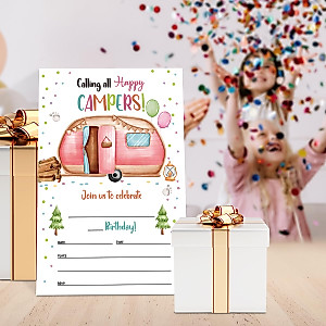 UDNADKEX Camping Birthday Invitations for Girls with Envelopes, Invites for Birthday Party Happy Camper, Glamping Camp Party Birthday Invitations Cards, Calling All Happy Campers, 4"x6" Set of 20