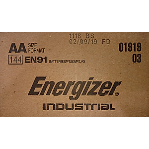 Energizer EN91 Industrial Alkaline Batteries, AA (Box of 144 Batteries) - Made in The USA or Singapore