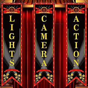 Tegeme Movie Night Porch Sign Banner Theme Party Decorations Theater Welcome Now Showing Lights Camera Action Hanging for Home Film Backdrop Supplies (Delicate Style, 3 Pieces)
