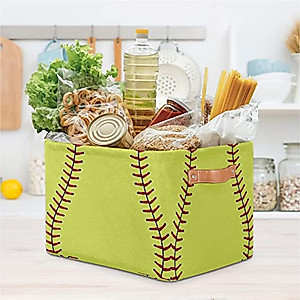 Large Storage Baskets for Organizing Shelves Sport Softball Yellow Baseball Foldable Cube Storage Bins with Handles Rectangle Fabric Closet Organizers for Home Toys Nursery, 1 Pack