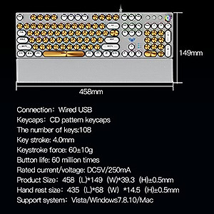 CHICHEN Mechanical Gaming Keyboard,BlueSwitches,USB Wired,Retro Steampunk Typewriter,Round Keycaps,for Game and Office,for Laptop Desktop Computer PC (Bkack-Blue switches)