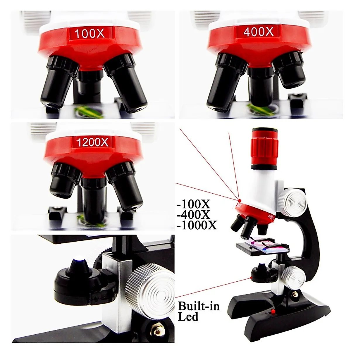 Jiusion Kid Microscope Science Kits, 100X 400X 1200X Trinocular Magnification Beginner Toy Home School Educational Biological Hand Held Camera Compound Scope with slides for Kids Children