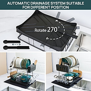 YIHONG Kitchen Large Dish Drying Rack with Drainboard, 2 Tier Dish Racks for Kitchen Counter, Dish Drainer Set with Utensils Holder, Dish Strainers with Extra Drying Mat for Pots and Pans