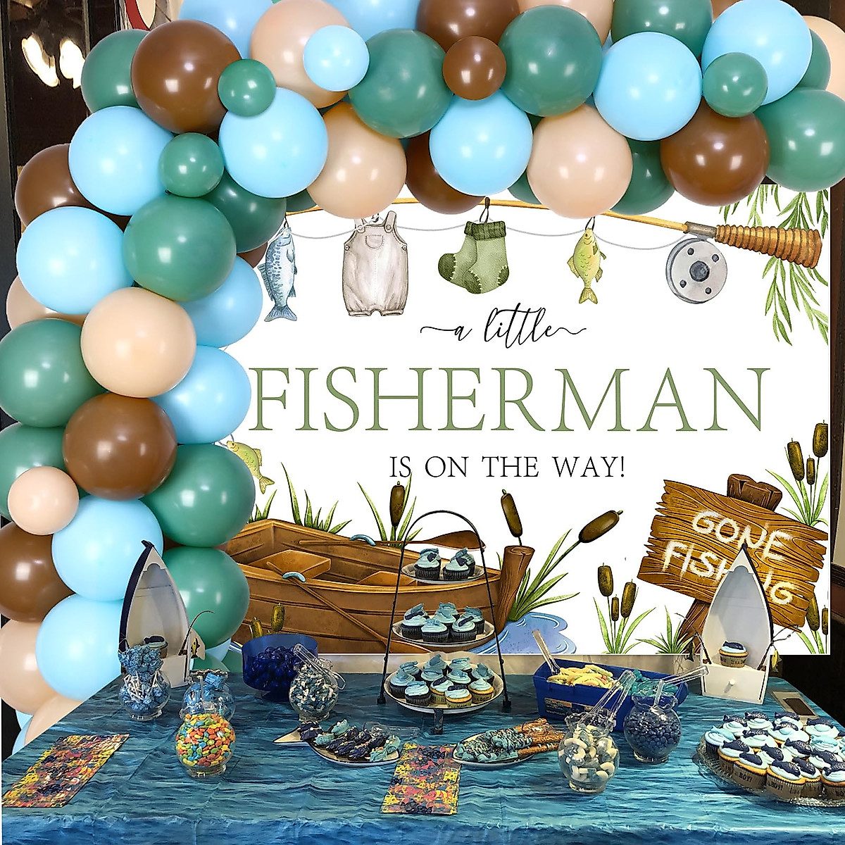 kreat4joy Fishing Baby Shower Decorations for Boy, Gone Fishing Baby Shower Decorations, Blue Green Brown Balloon Arch with a Little Fisherman Is On The Way Backdrop for Fish Outdoor Adventure Camping