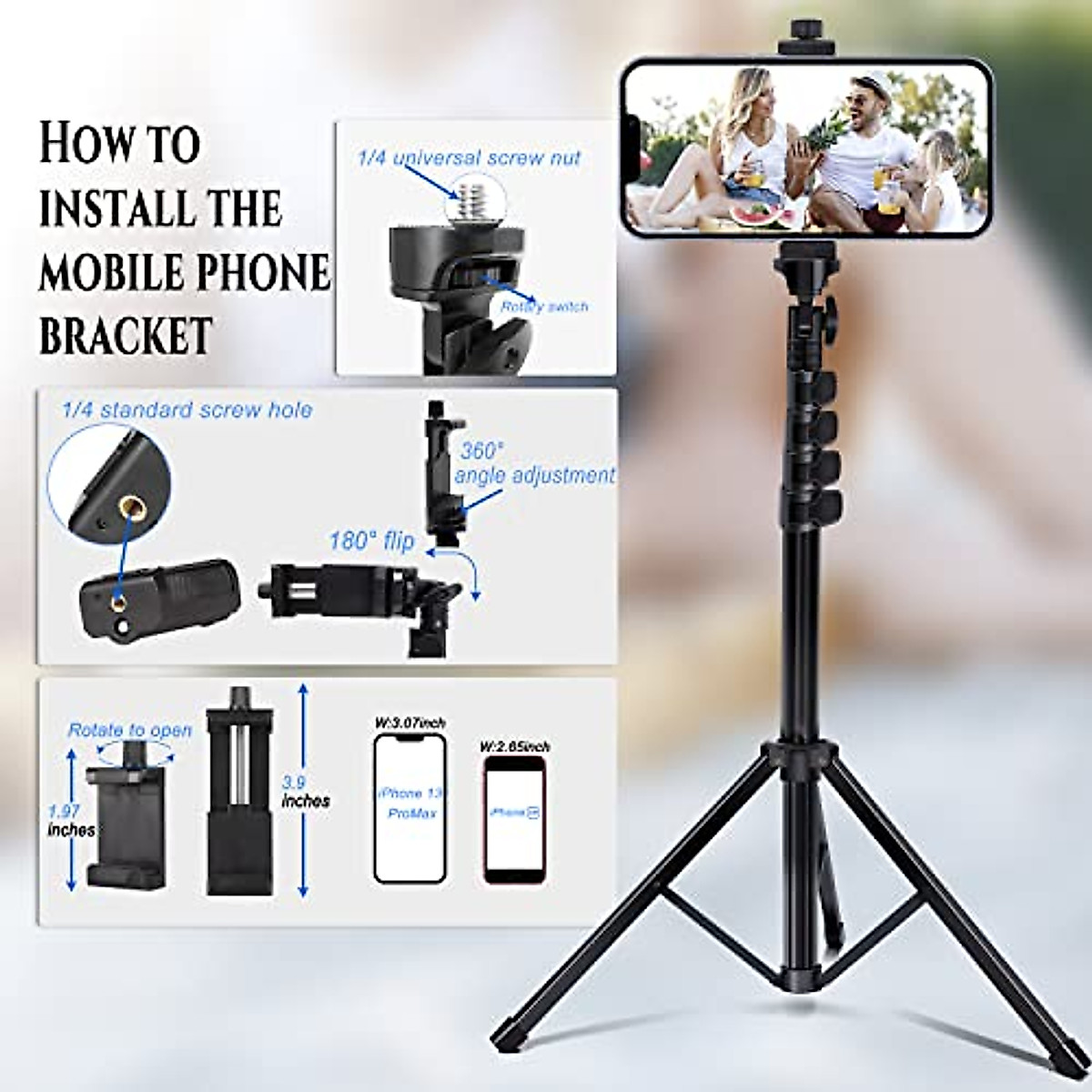Phone Tripod Stand Selfie Stick 64 Inch Aluminum Alloy with Wireless Remote Video Record/Photography/Live Streaming Compatible with iPhone 14 13 12 11 pro Xs Max Xr X 8 7 6 Plus, Android Samsung
