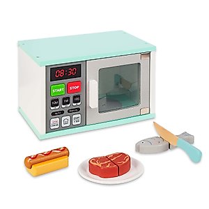 WOODENFUN Toddler Play Kitchen Toys, Wooden Microwave Oven with Light and Realistic Sound, Pretend Play Kitchen Accessories, Learning Toy Birthday Gifts for Boys Girls 3-8 Year Old