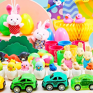 JOYIN 100 Pcs Prefilled Easter Eggs with Toys Plus Stickers, Filled Easter Eggs with Toys Party Favors for Kids Boys Girls Easter Eggs Hunt, Easter Basket Stuffers Fillers,Classroom Prize Supplies