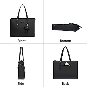MOSISO Laptop Bag for Women Compatible with MacBook, 17-17.3 inch Notebook and Chromebook, PU Leather Travel Work Tote bag with Detachable Bowknot & Small Purse, Black