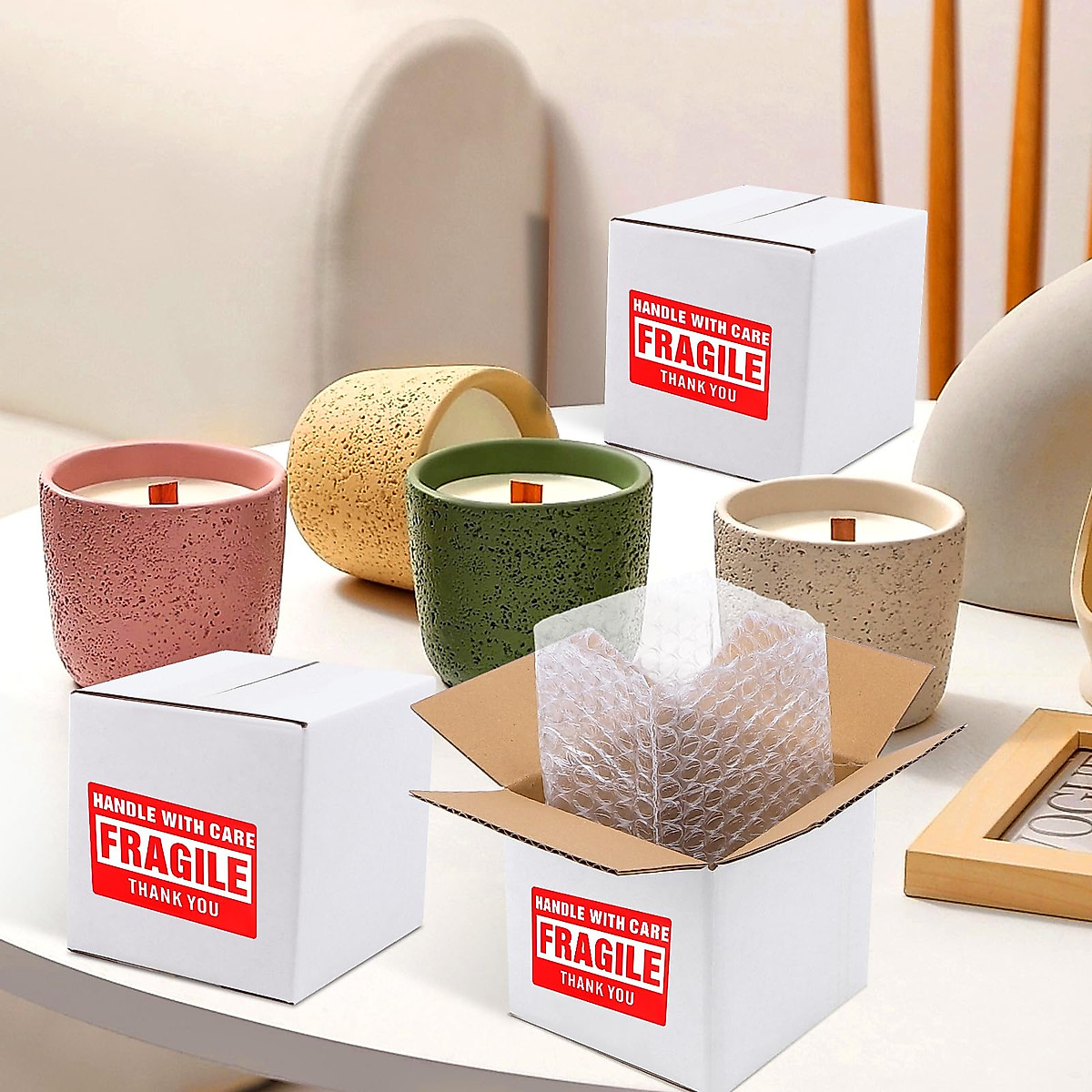 25Pack 5x5x5 Shipping Boxes for Small Business,White Mailing Boxes with Bubble Bags & Fragile Stickers for Mailing and Packing Small Gifts,Candle 5x5 Shipping boxes,Mug boxes for Shipping