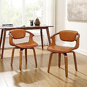 Art Leon Swivel Dining Chairs, Set of 2, Mid Century Modern Faux Leather Kitchen Dining Room Chair with Arms, Desk Chairs No Wheels, Brown
