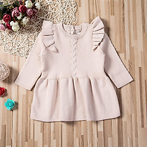 Merqwadd Infant Toddler Baby Girl Pleated Dress Solid Longsleeve Knit Sweater Winter Dress (3-6 Months,B-Ruffle Sweater Apricot)