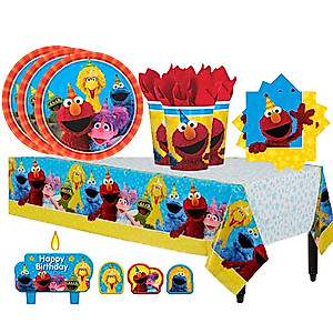 Mega Sesame Street Elmo Party Supplies with Tableware, Candle, Cutlery, Birthday Banner , Decoration for 16 by AMSCAN