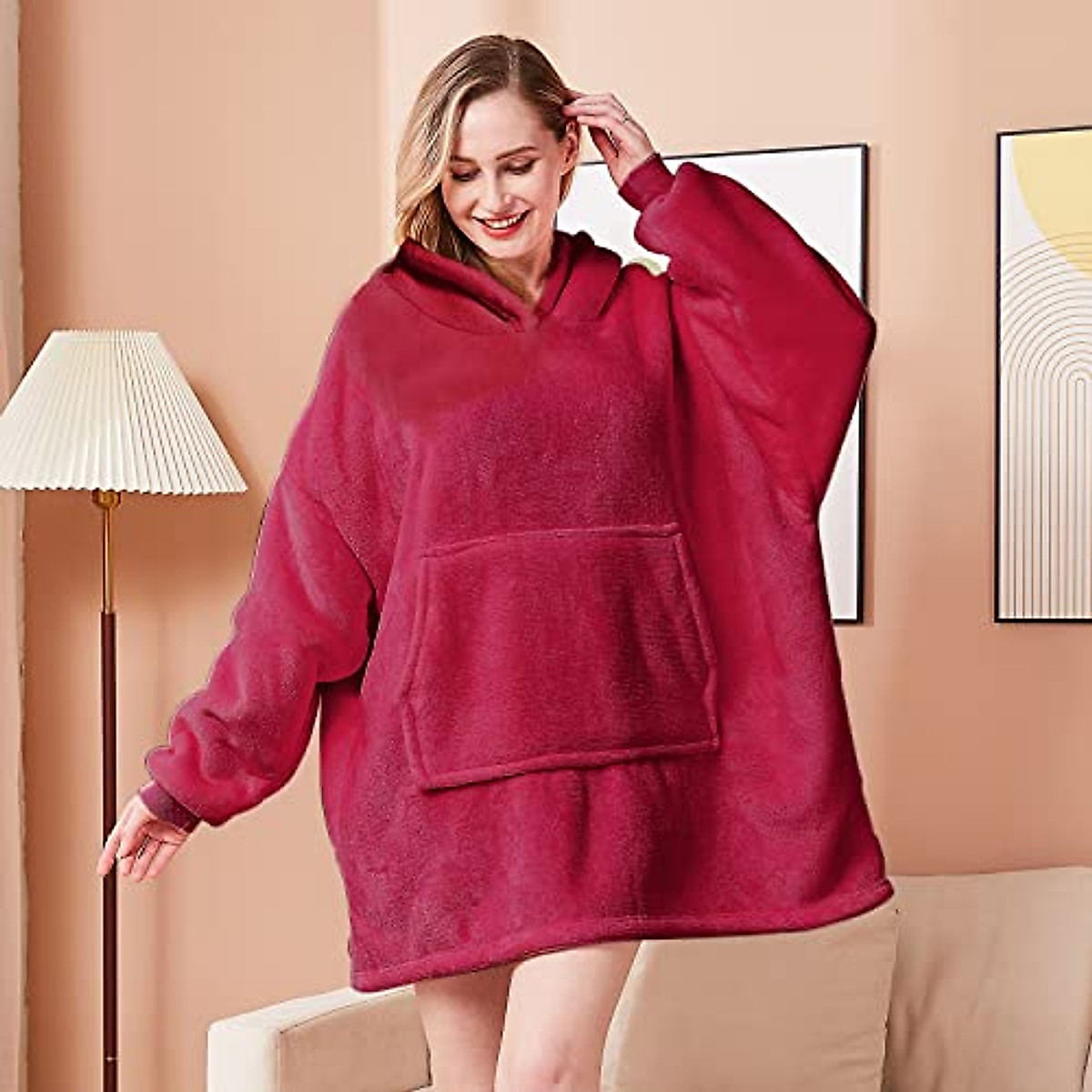 Oversized Sherpa Blanket Hoodie, YUGVYOB Wearable Blanket Warm & Fuzzy, Sweatshirt with Gaint Pocket for Men, Women, Teens, Red