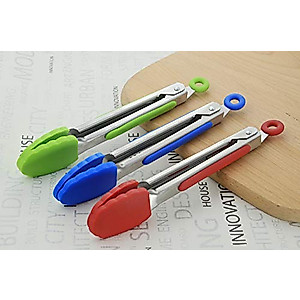 HINMAY Small Tongs with Silicone Tips 7-Inch Mini Serving Tongs, Set of 3 (Red Blue Green)