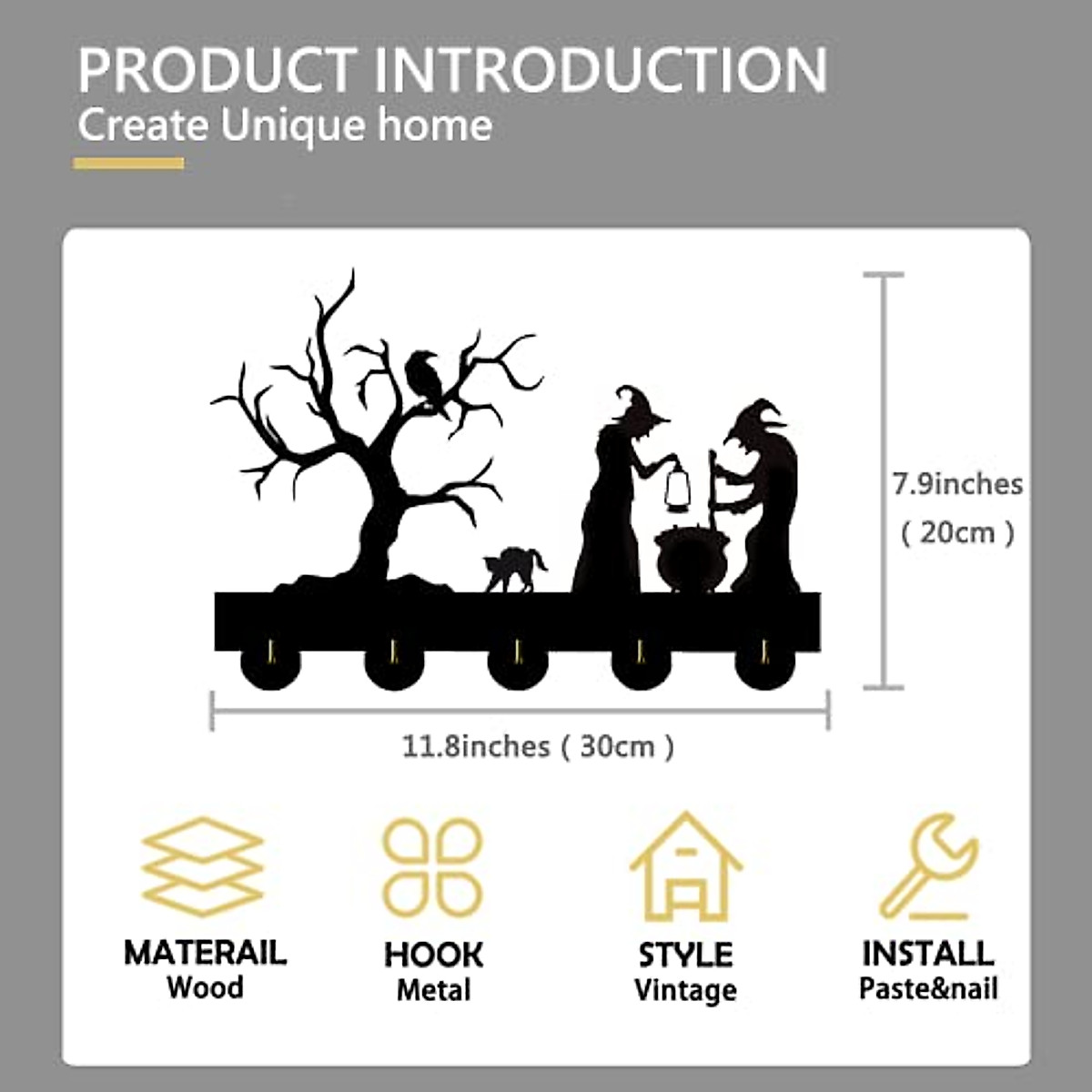 YSDESIGN Halloween Witch Wall Decor Hooks-Wooden Coats Bags Keys for Bedroom Kitchen Living Room-Unique Key Hooks Key Holder Gift for Friends