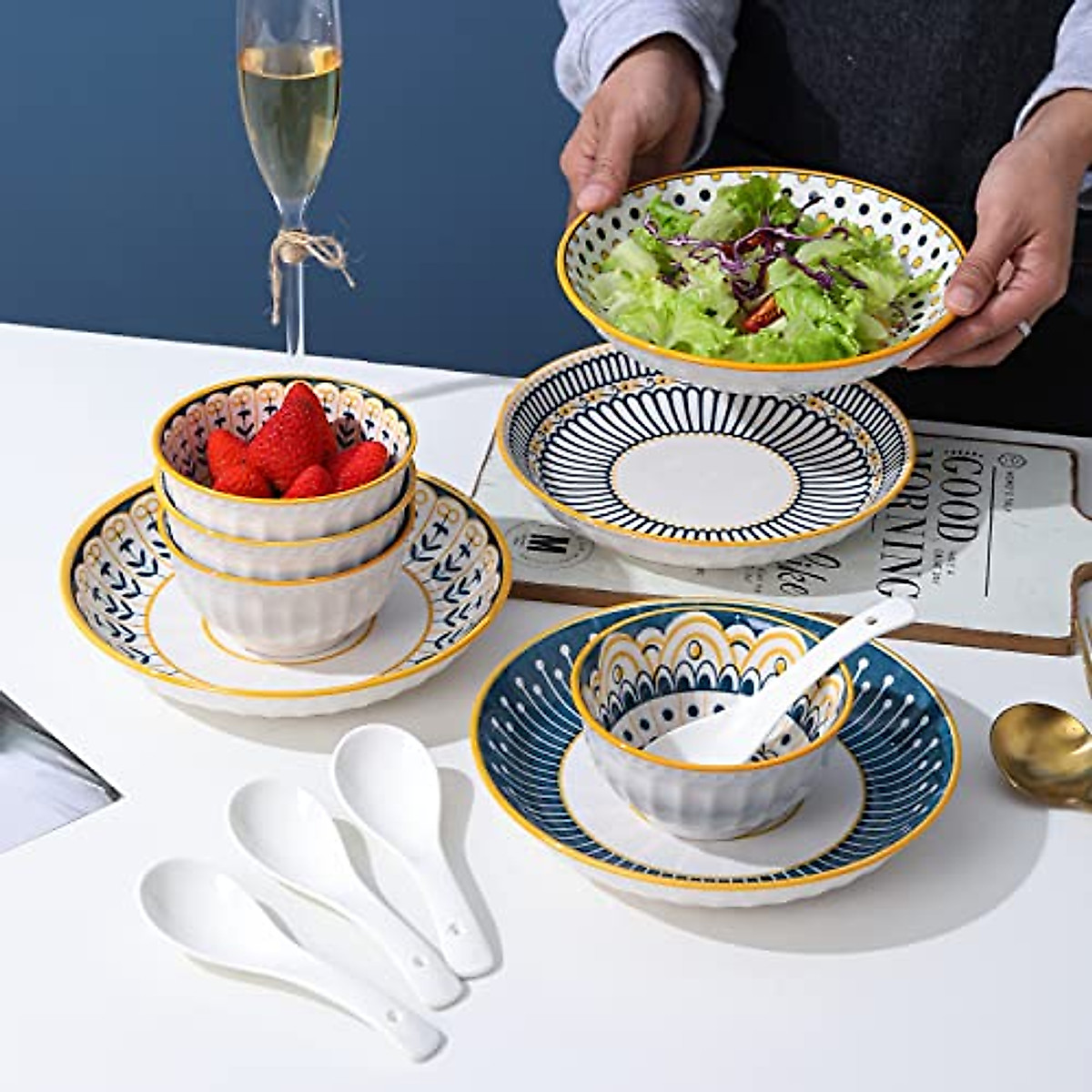 Binvertaocier 12-Piece Porcelain 27 Oz Plates and Bowls Sets for 4 with Spoons,Ceramic Dinnerware Set of 4,8 Inch Pasta Bowls Set for 4,Salad Plates,Pasta Plates Dinner Bowls,Gifts for Housewarming