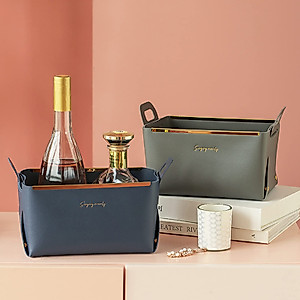 CHOMe Foldable Storage Boxes, Collapsible Sturdy Fabric Storage Basket Sturdy Faux Leather Handles-Large Organizer For Towels,Clothes, Shelves-8.6×5.5×5in, Grey