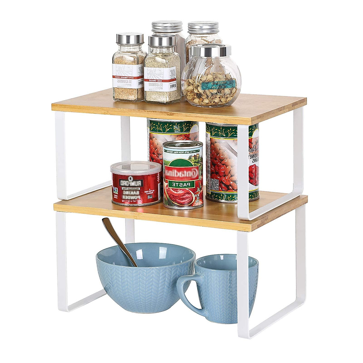 NEX Bamboo Kitchen Cabinet and Counter Shelf Organizer, Stackable & Expandable, White and Natural