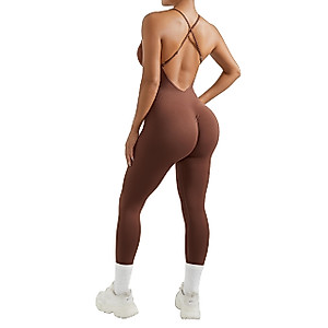 MOOSLOVER Women Strappy Backless One Piece Jumpsuits Tummy Control Padded Workout Rompers(XL,#1 Brown)